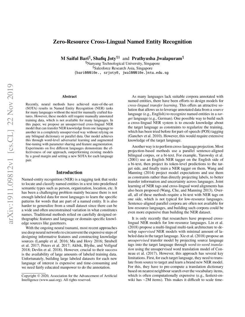 Zero-Resource Cross-Lingual Named Entity Recognition | DeepAI