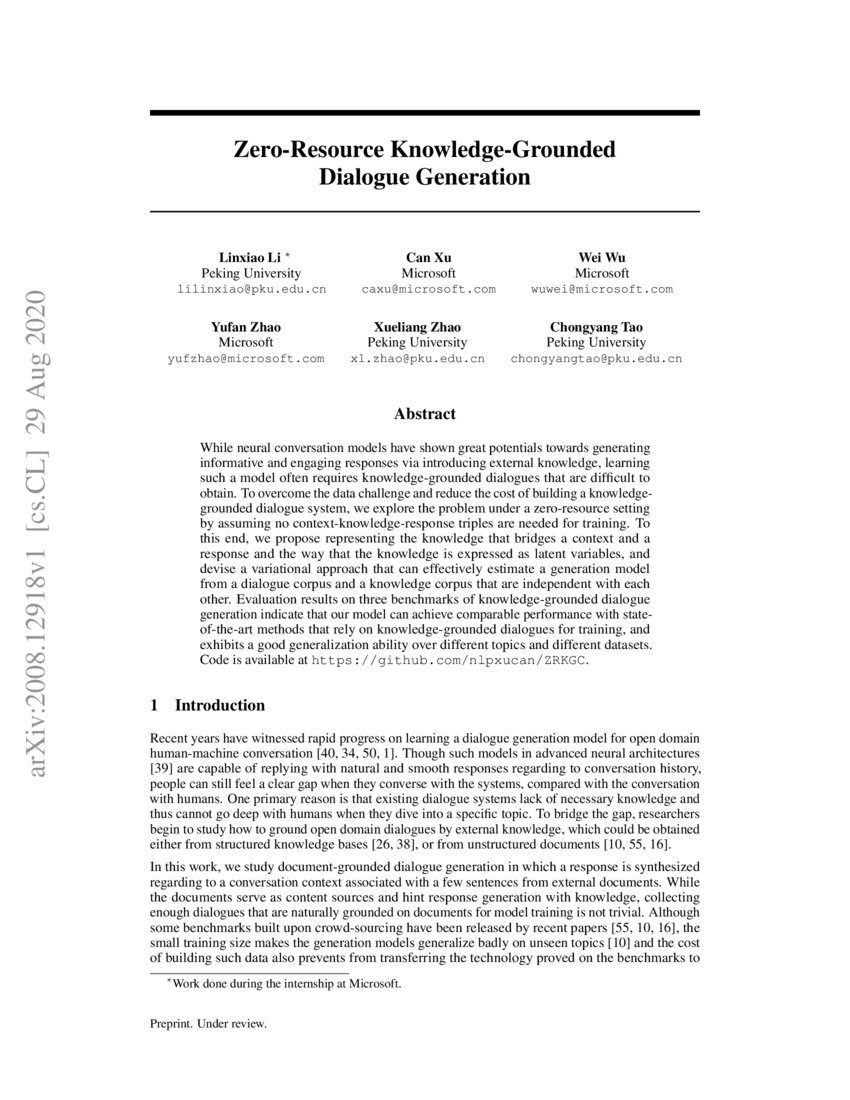 Zero-Resource Knowledge-Grounded Dialogue Generation | DeepAI