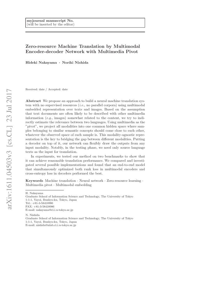 Zero-resource Machine Translation by Multimodal Encoder-decoder Network with Multimedia Pivot ...