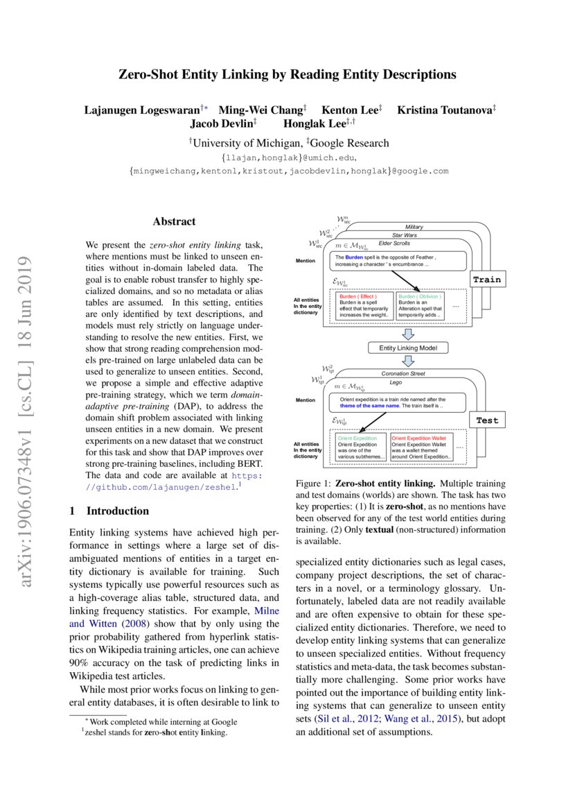 Zero-Shot Entity Linking by Reading Entity Descriptions | DeepAI
