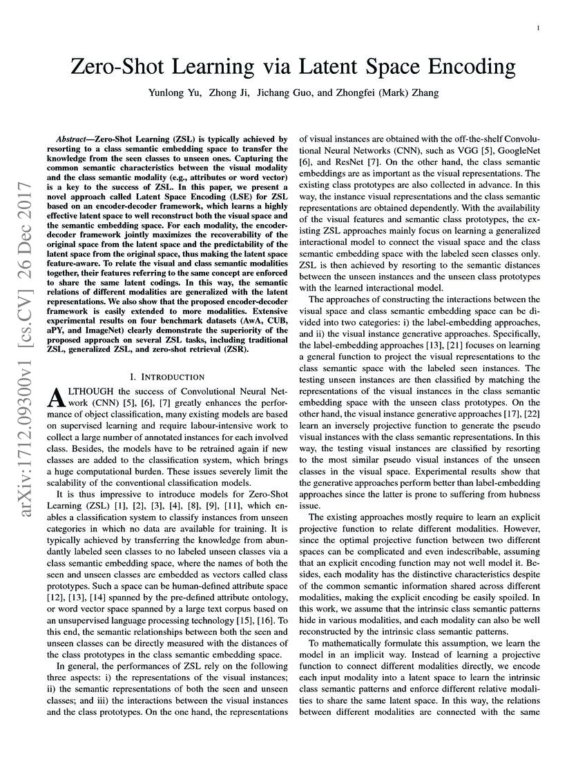 Zero-Shot Learning via Latent Space Encoding | DeepAI