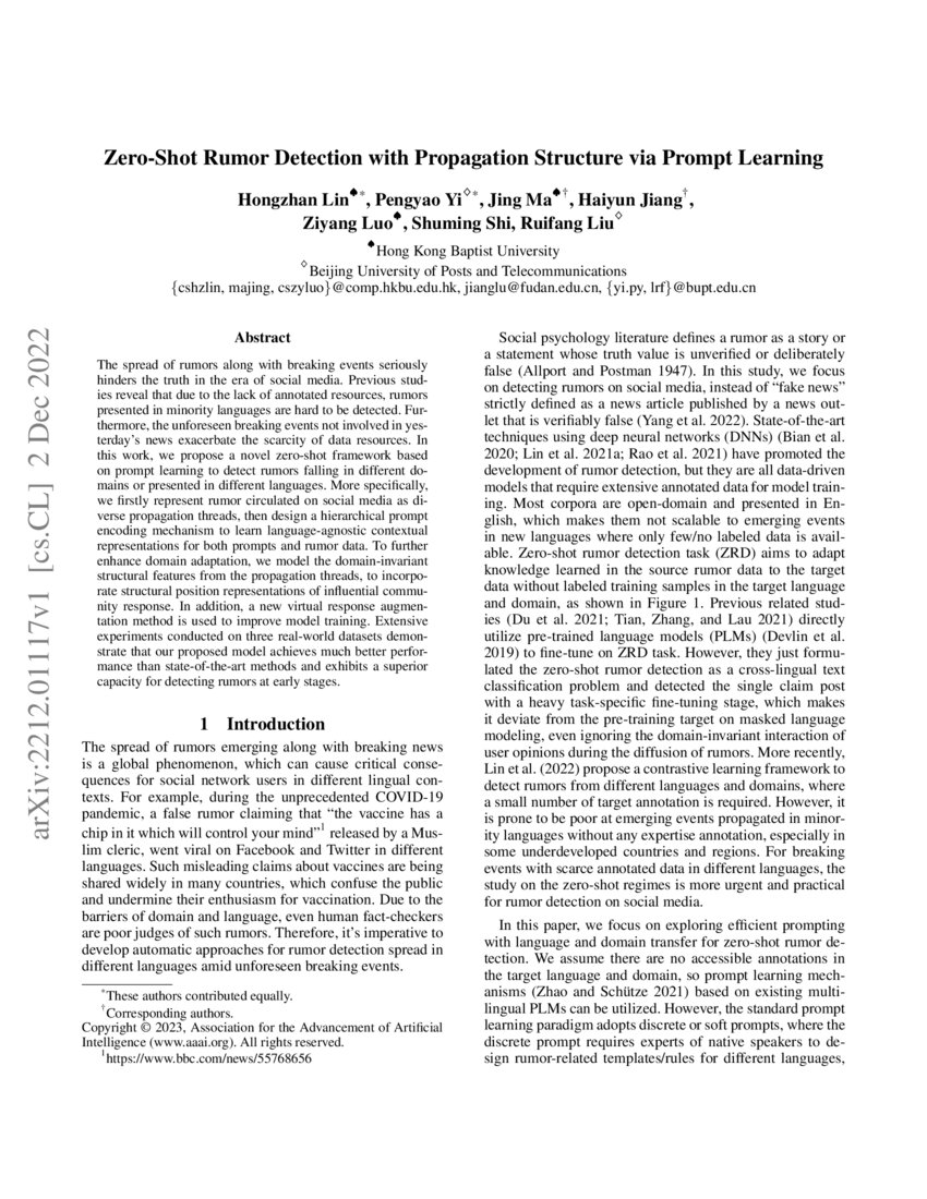 Zero Shot Rumor Detection With Propagation Structure Via Prompt Learning Deepai