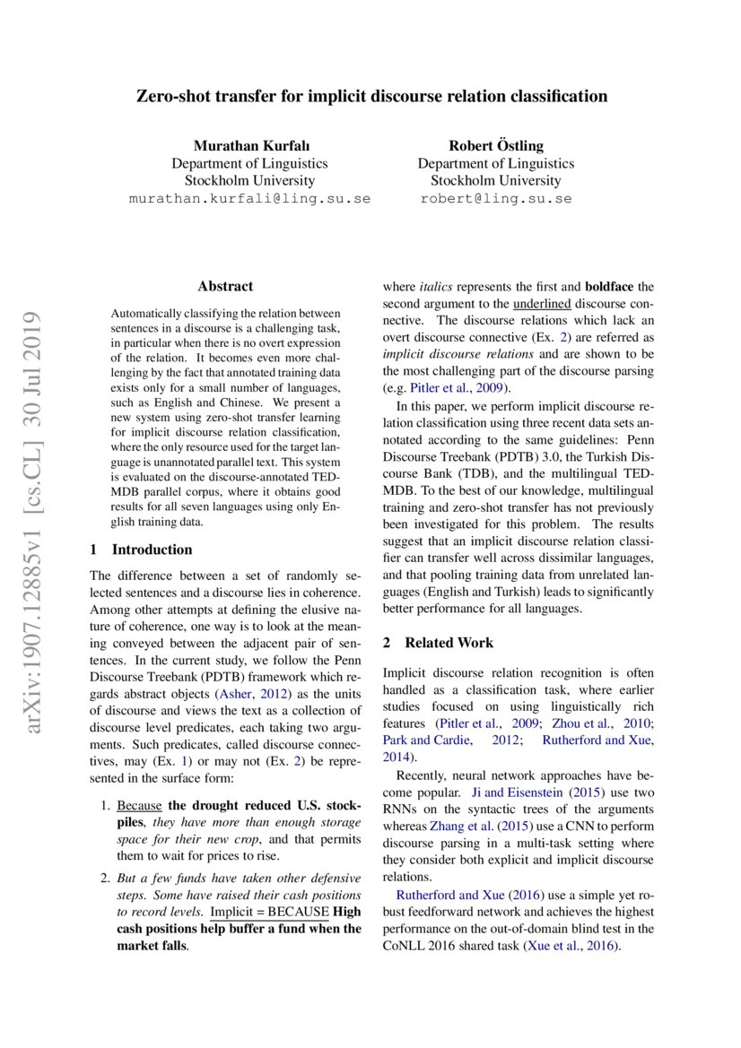 Zero Shot Transfer For Implicit Discourse Relation Classification Deepai