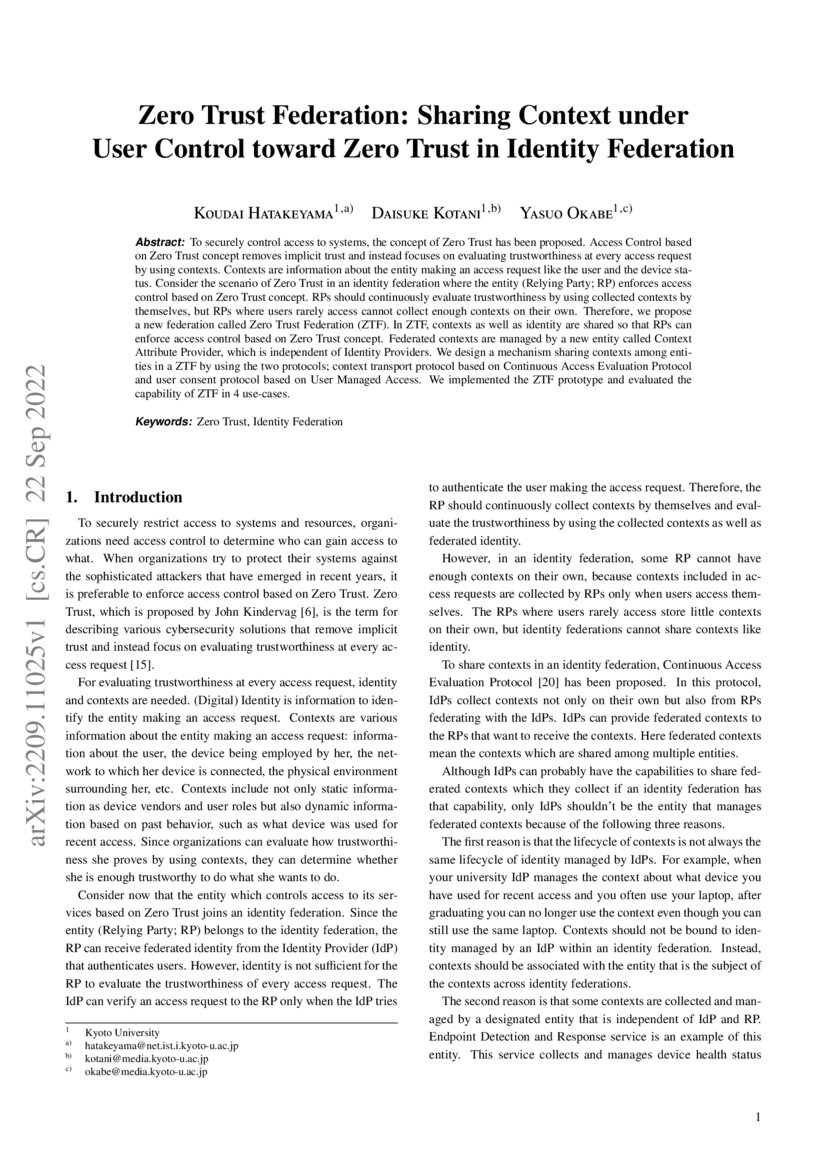 Zero Trust Federation: Sharing Context under User Control toward Zero Trust in Identity ...