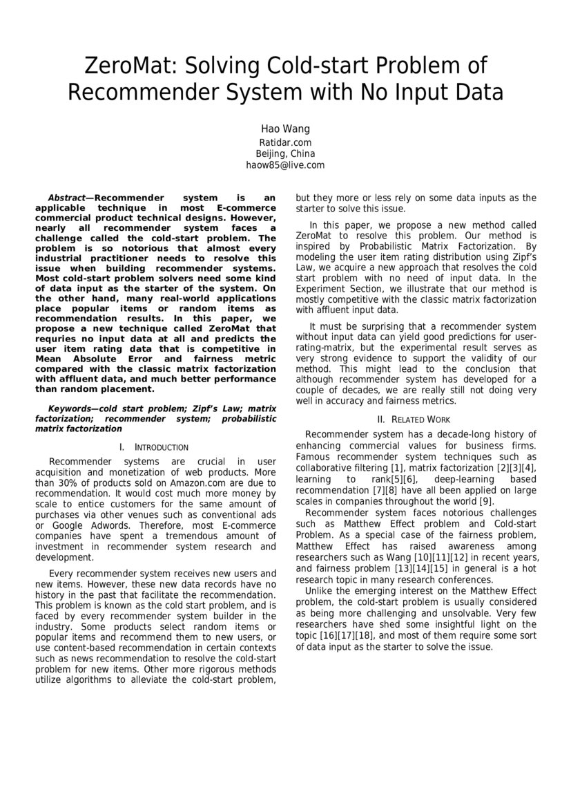 ZeroMat: Solving Cold-start Problem of Recommender System with No Input ...