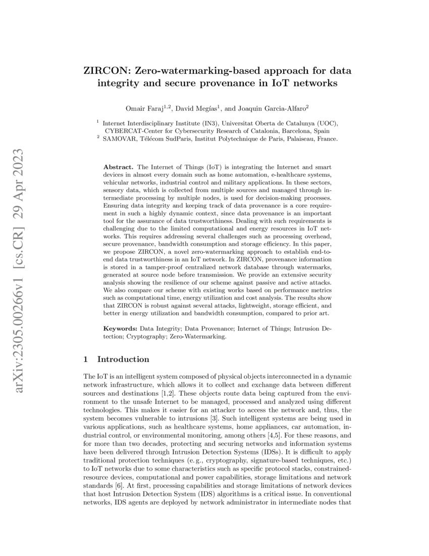 Zircon Zero Watermarking Based Approach For Data Integrity And Secure Provenance In Iot