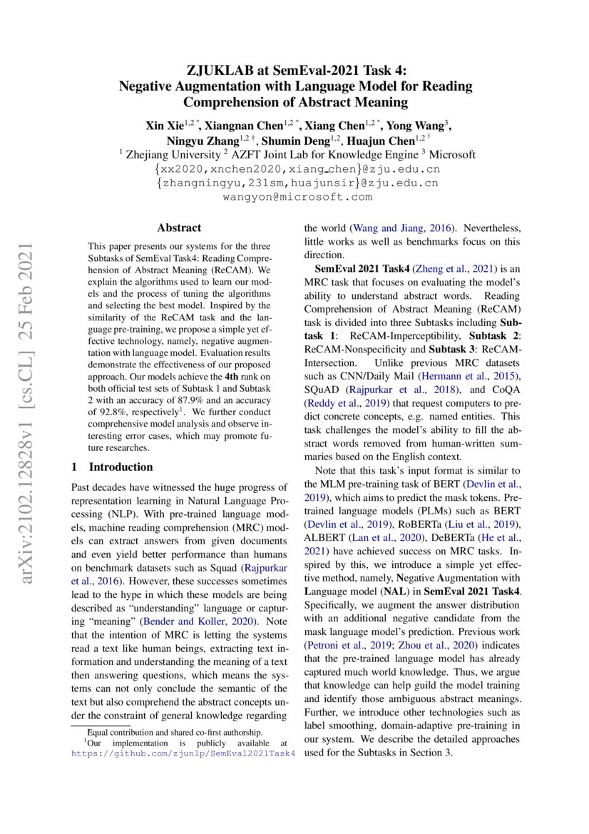ZJUKLAB at SemEval-2021 Task 4: Negative Augmentation with Language Model for Reading ...