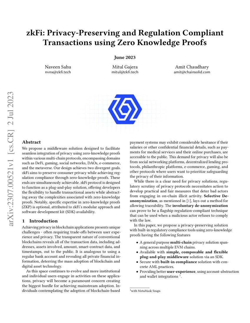zkFi: Privacy-Preserving and Regulation Compliant Transactions using Zero Knowledge Proofs | DeepAI
