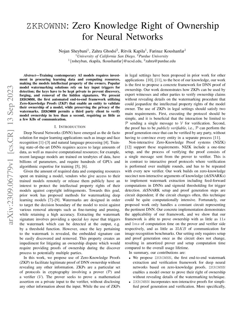 ZKROWNN: Zero Knowledge Right of Ownership for Neural Networks | DeepAI