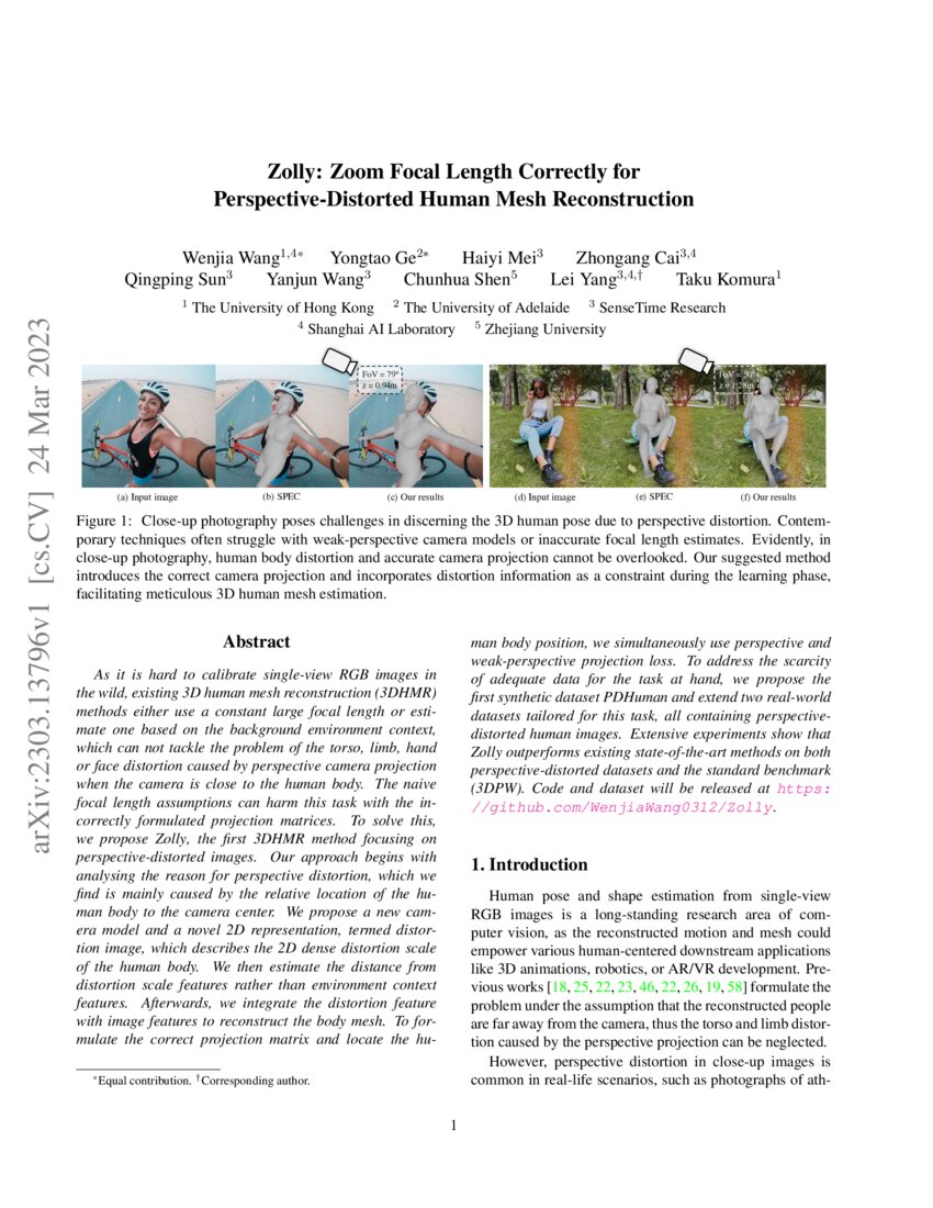 Zolly: Zoom Focal Length Correctly for Perspective-Distorted Human Mesh Reconstruction | DeepAI